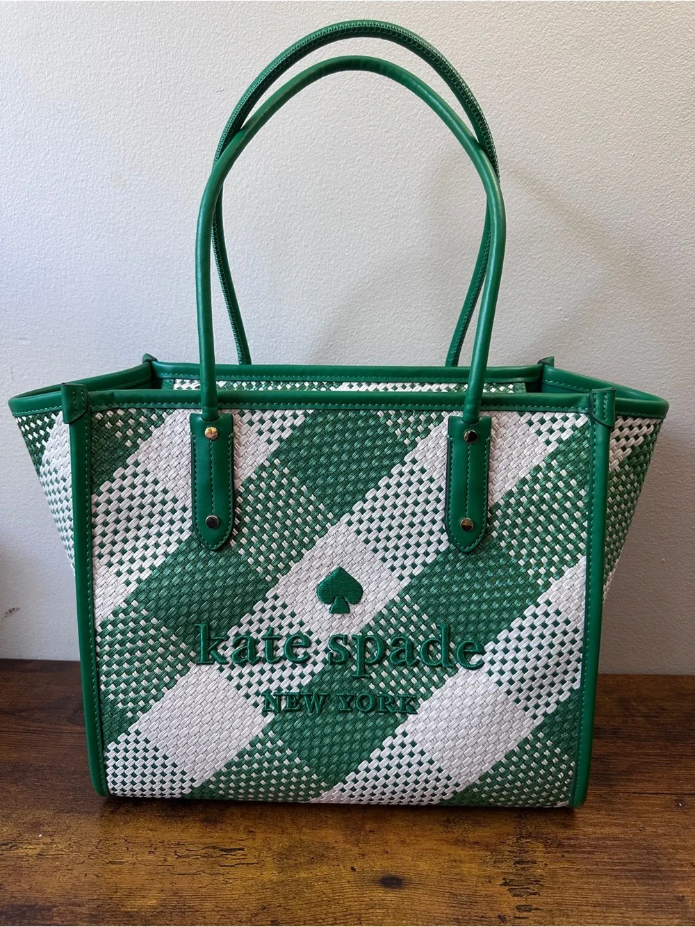 kate spade | Bags | Kate Spade Ella Gingham Woven Straw Large Tote Bag ...